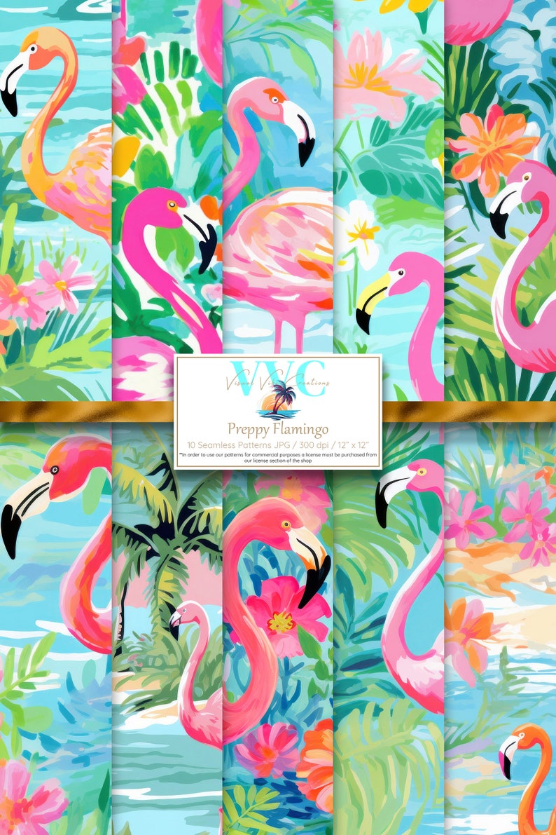 Preppy Flamingo Digital Paper 10 Seamless Floral Patterns for - Etsy