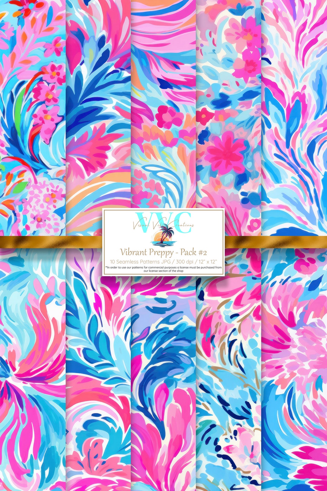 Vibrant Preppy Pack 2 Digital Paper, 10 Seamless Beach Patterns for ...