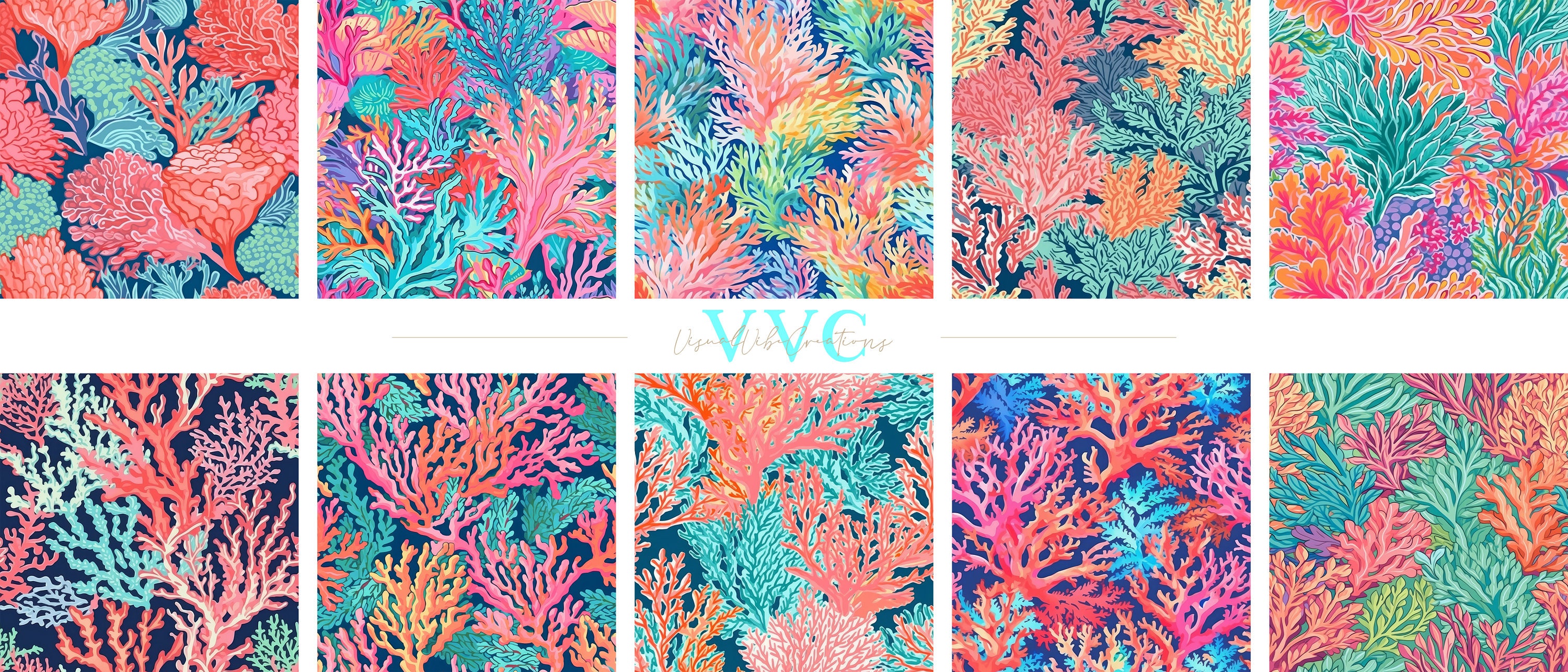 Ocean Coral Digital Paper, 10 Seamless Preppy Vibrant Tropical Patterns ...