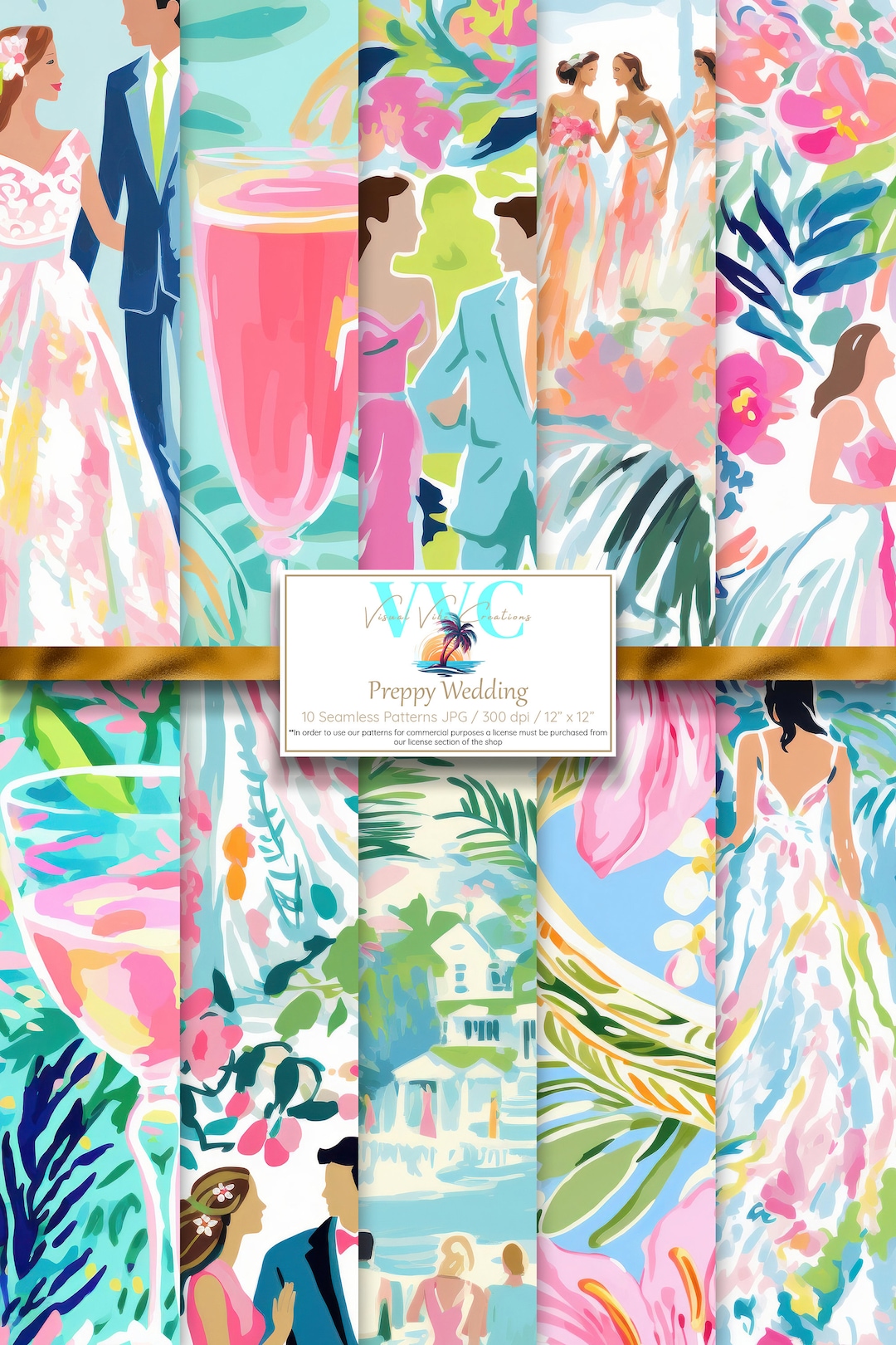 Preppy Wedding Digital Paper, 10 Seamless Patterns for Printable ...