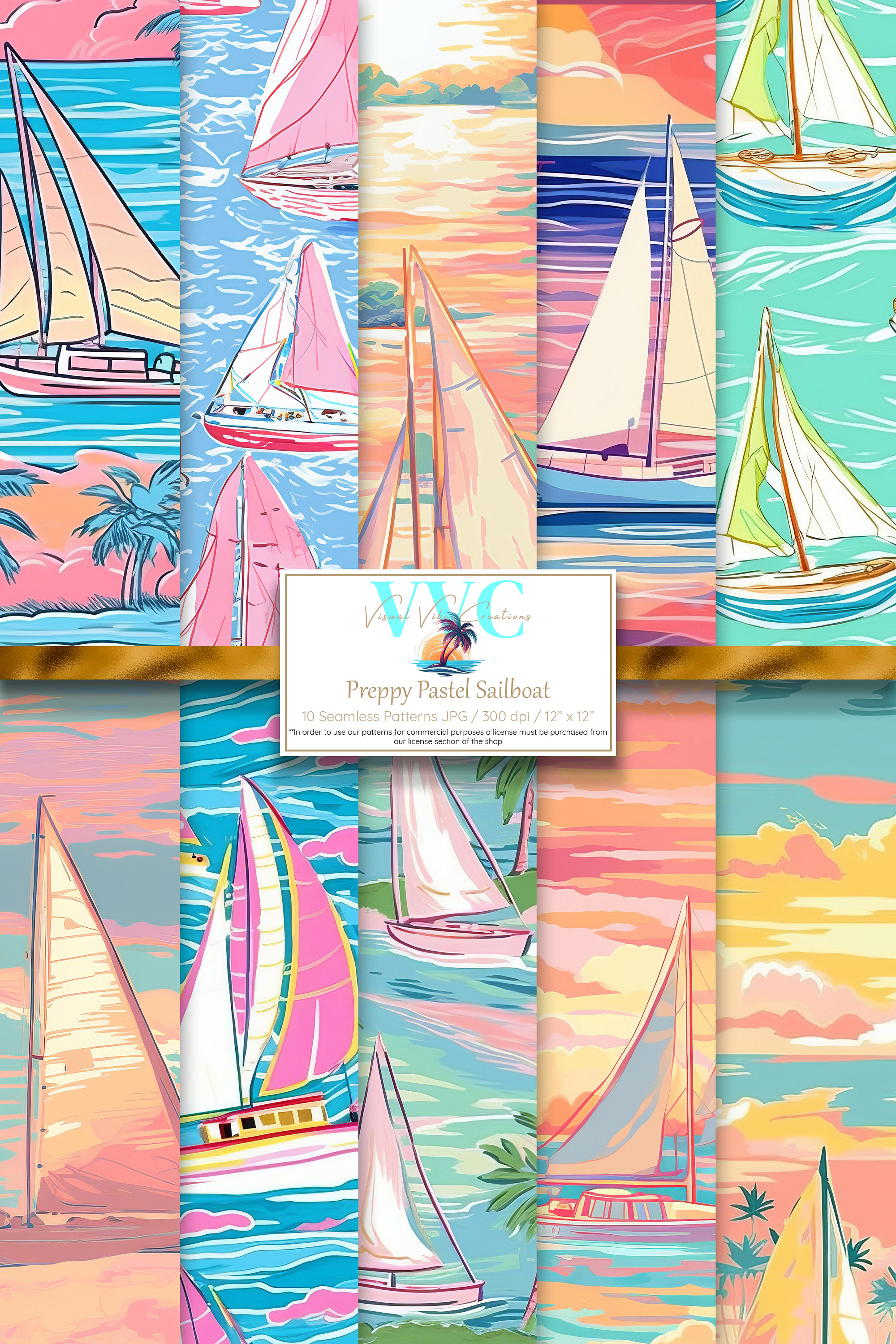 Preppy Pastel Sailboat Digital Paper, 10 Seamless Patterns for ...