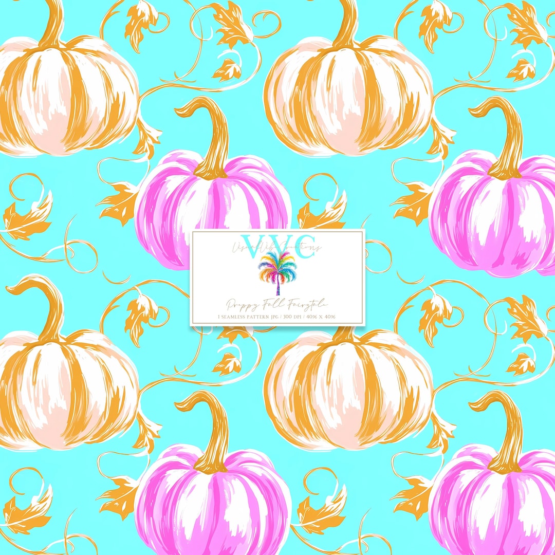 Preppy Fall Fairytale, 1 Seamless Pattern, Pink and Gold Pumpkins, Aqua ...