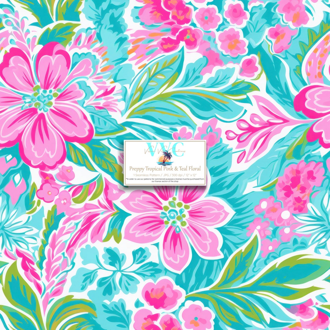 Preppy Tropical Pink & Teal Floral Digital Paper, 1 Seamless Tropical ...