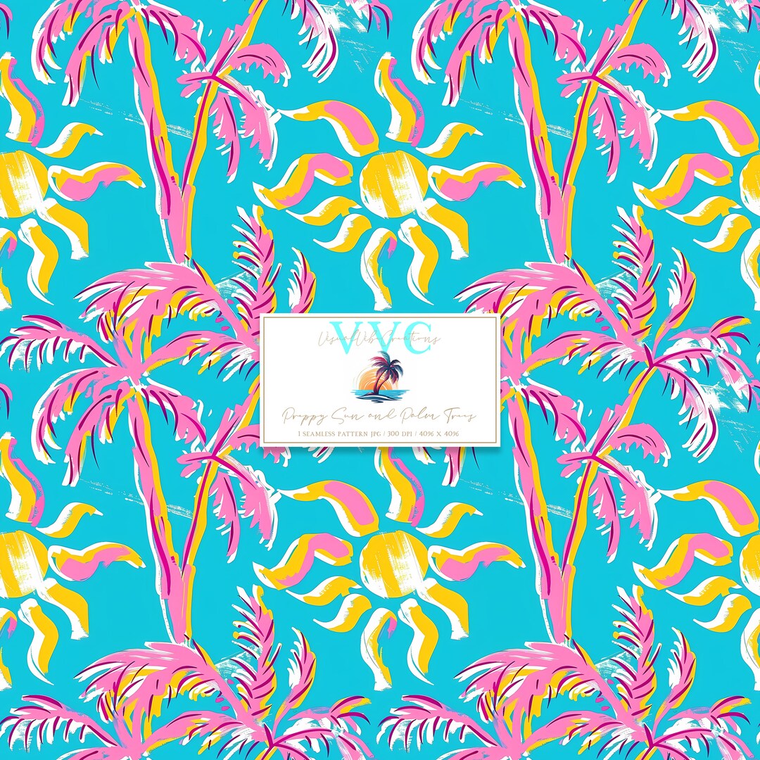 Preppy Sun & Palm Trees Digital Paper, 1 Seamless Pattern for Printable ...