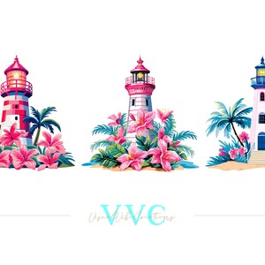 Preppy Pink and Blue Lighthouses Clipart Pack of 5 Transparent ...