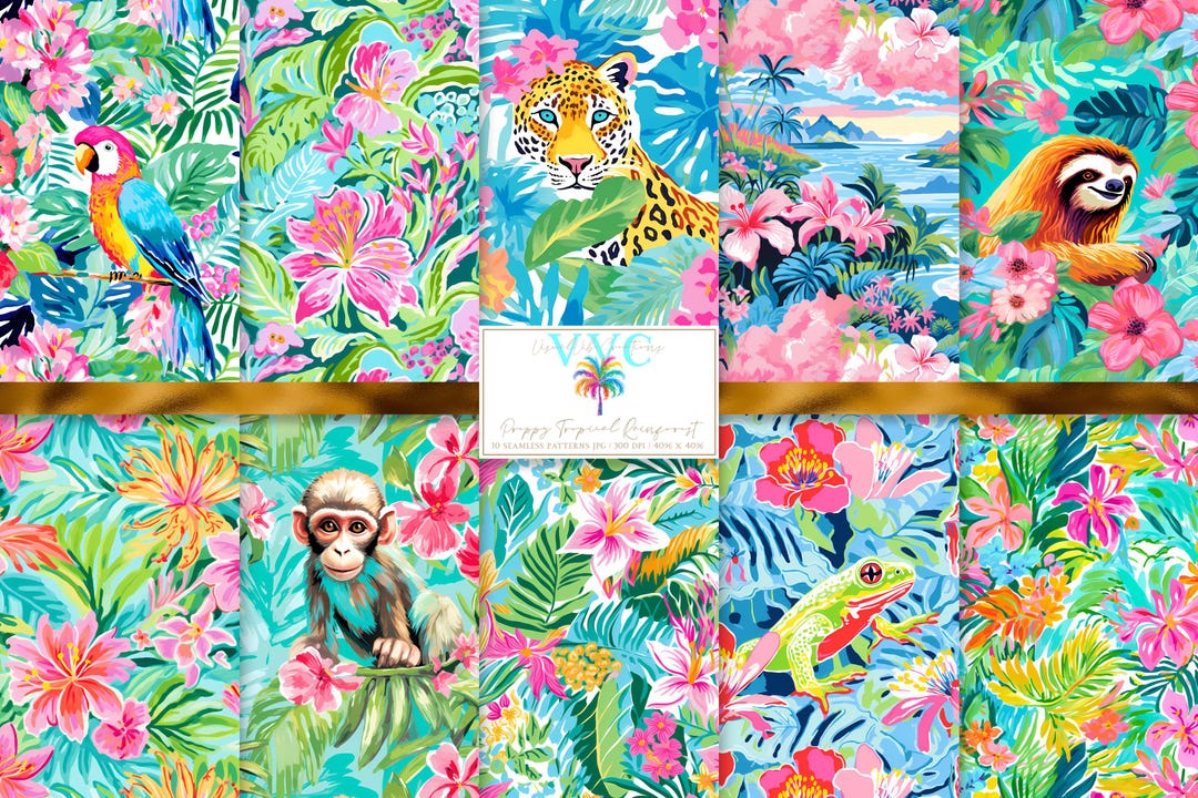 Preppy Tropical Rainforest, 10 Seamless Patterns, Jungle Animals and ...