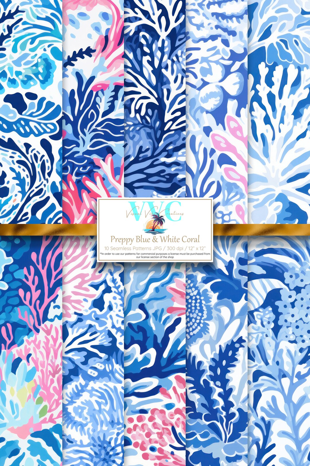 Preppy Blue & White Coral Digital Paper, 10 Seamless Tropical Patterns ...