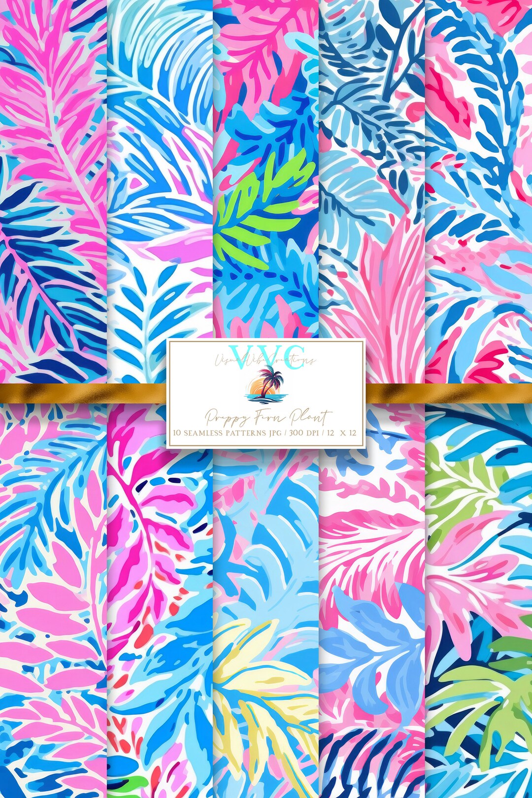 Preppy Fern Plant Digital Paper, 10 Seamless Preppy Floral Patterns for ...