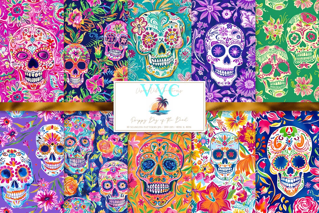 Preppy Day of the Dead Digital Paper, 10 Seamless Patterns for ...