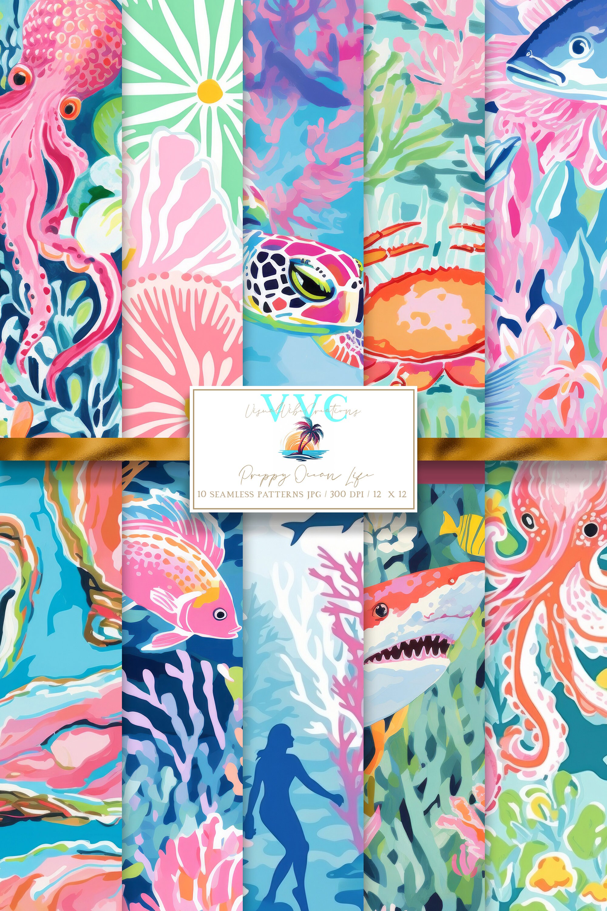 Preppy Ocean Life Digital Paper, 10 Seamless Patterns for Printable ...