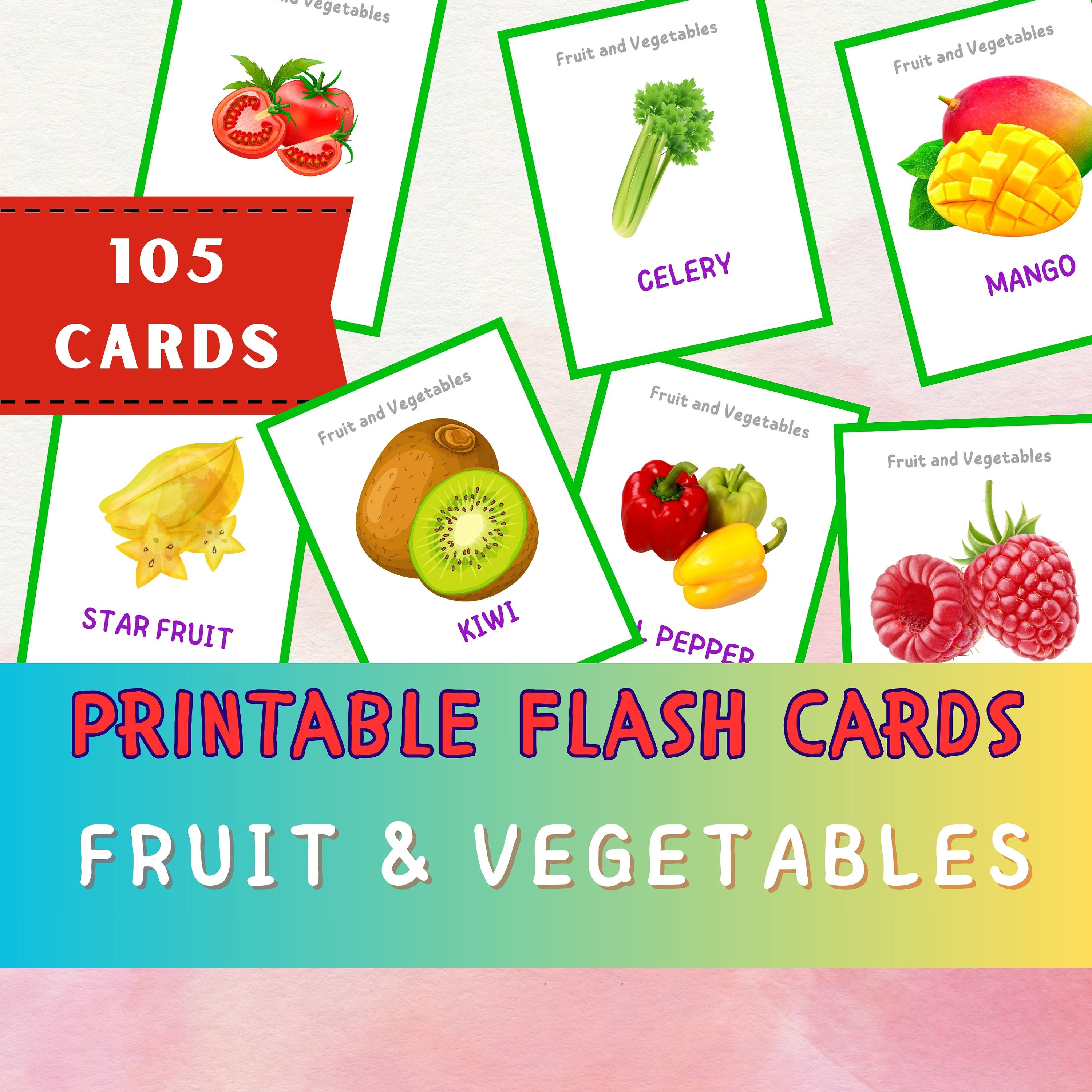 105 Fruit and Vegetables Cards, Montessori Flash Cards, Pre-school ...