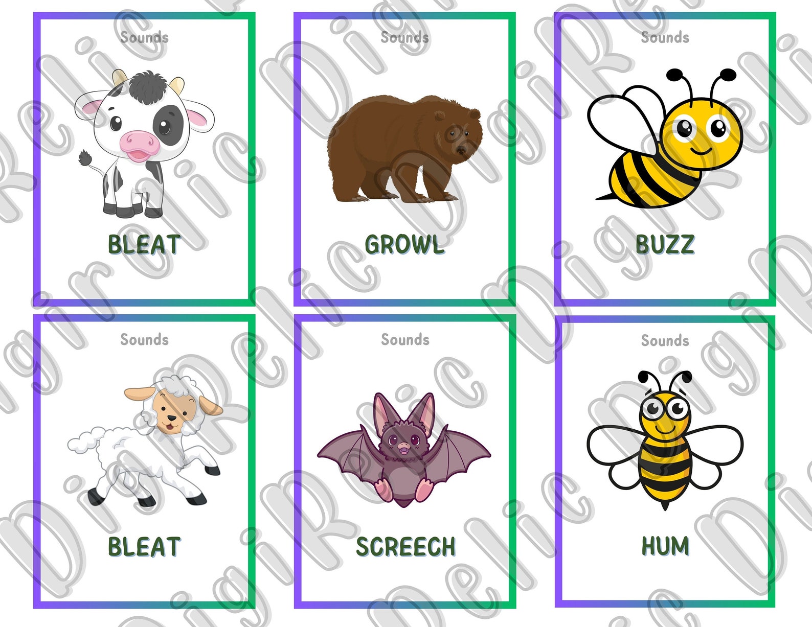 65 Animal Sound Flash Cards, Montessori Flash Cards, Pre-school Cards ...