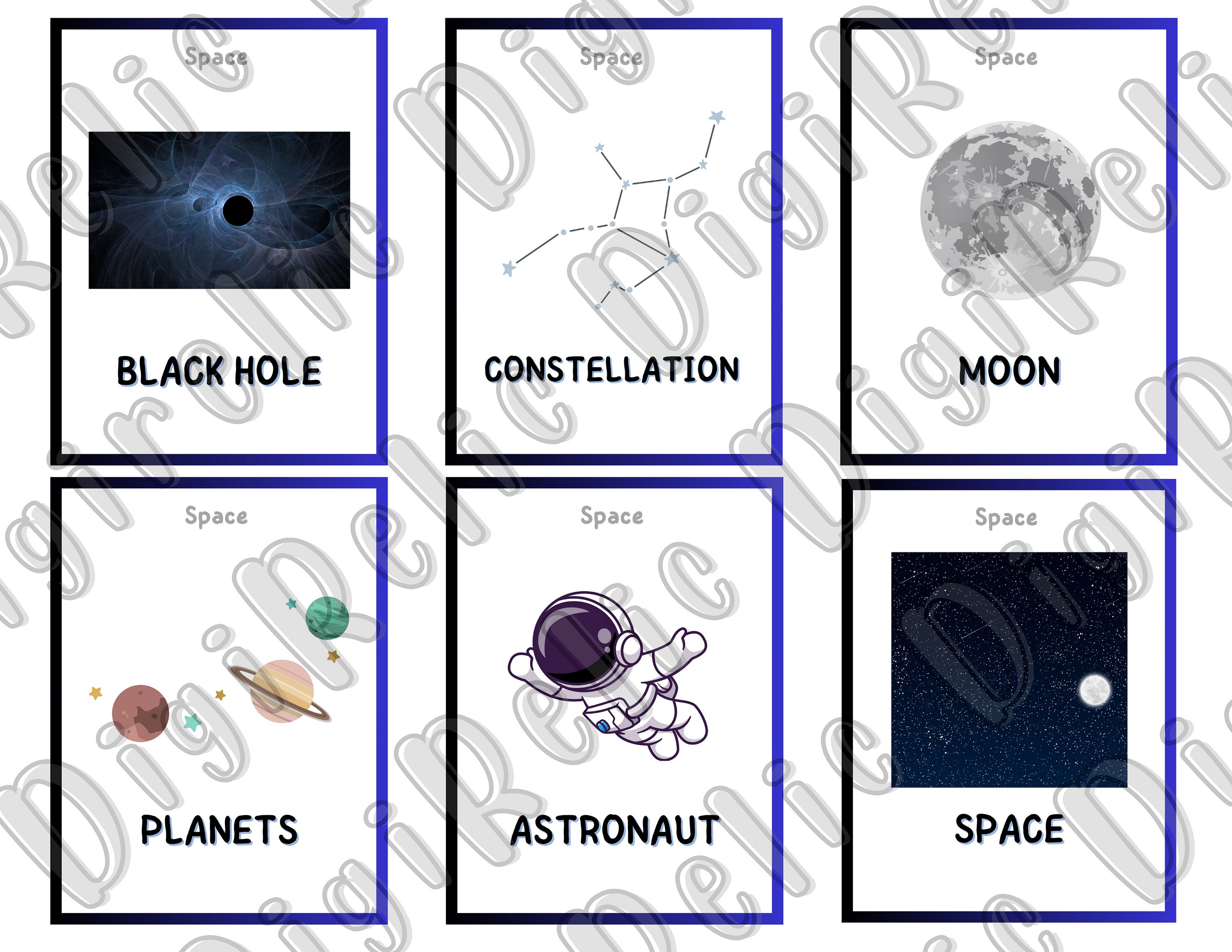 40 Space Cards, Montessori Flash Cards, Pre-school Cards, Digirelic ...