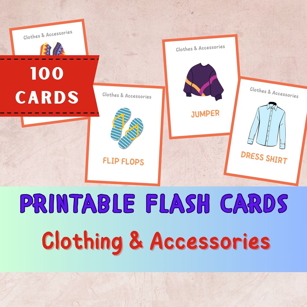 100 Clothing and Accessories Cards, Montessori Flash Cards, Pre-school ...