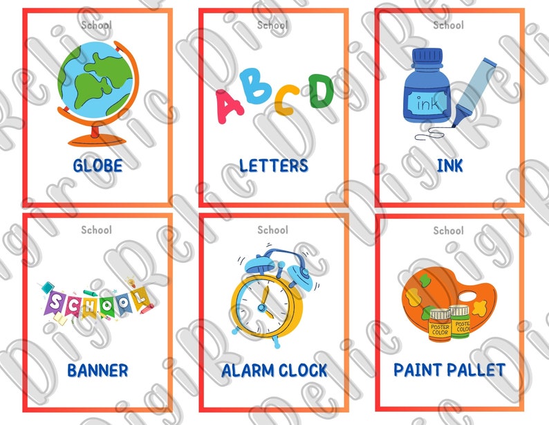 150 School Cards, Montessori Flash Cards, Pre-school Cards, Digirelic ...