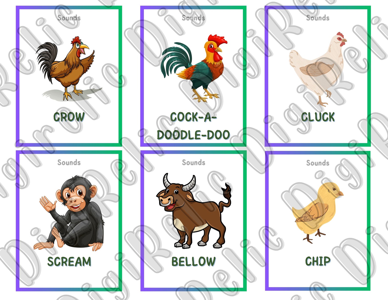 65 Animal Sound Flash Cards, Montessori Flash Cards, Pre-school Cards ...