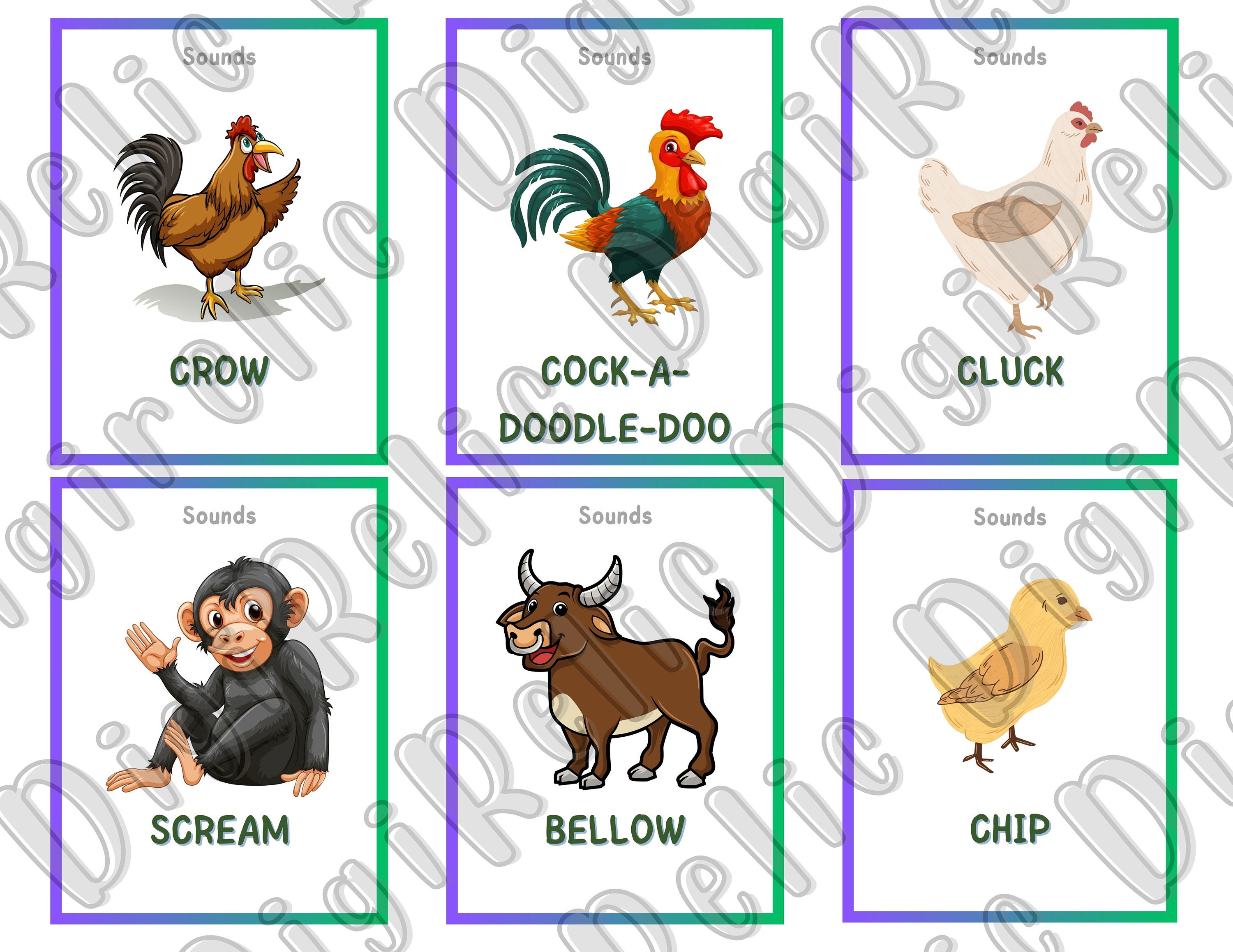 65 Animal Sound Flash Cards, Montessori Flash Cards, Pre-school Cards ...