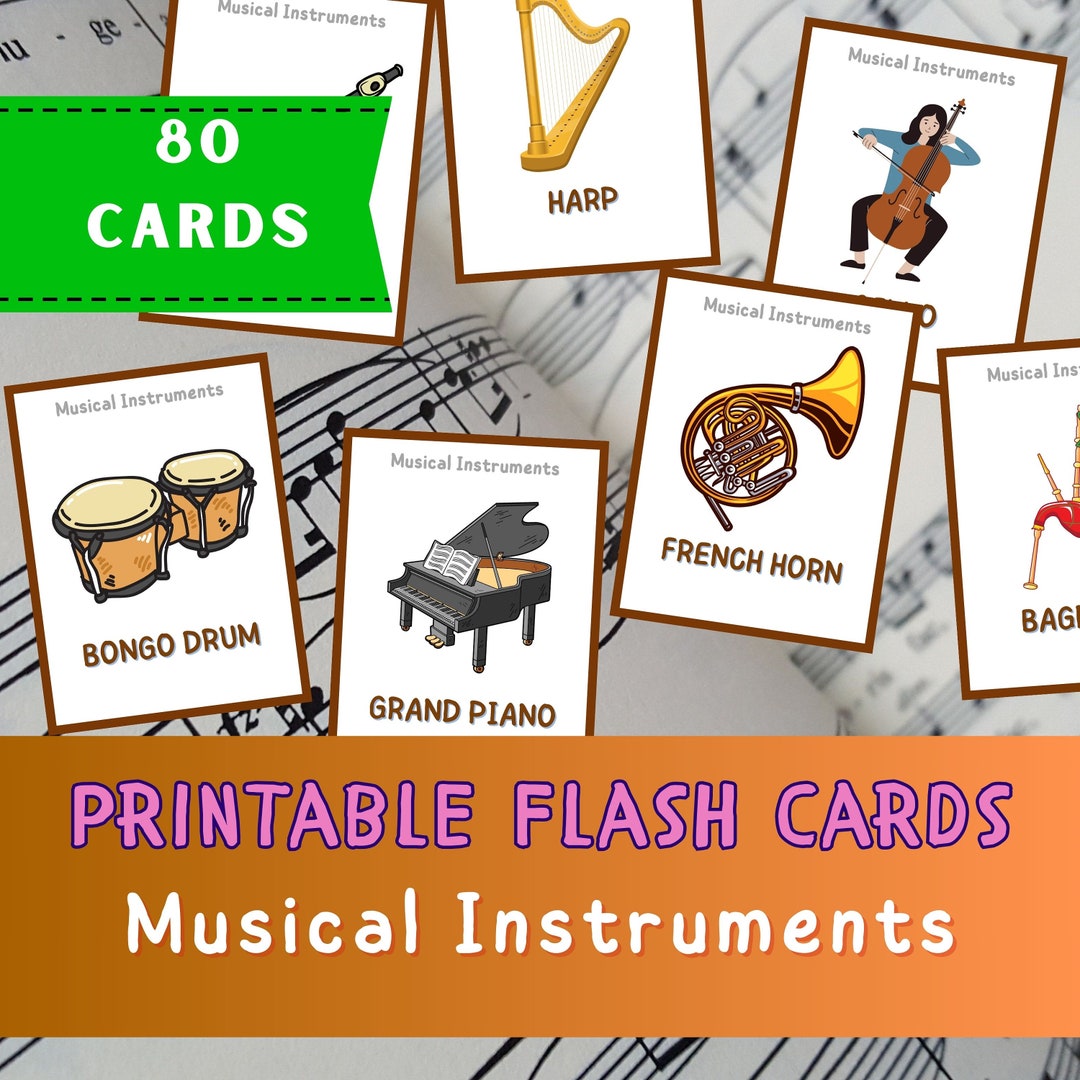 80 Musical Instruments Cards, Montessori Flash Cards, Pre-school Cards ...