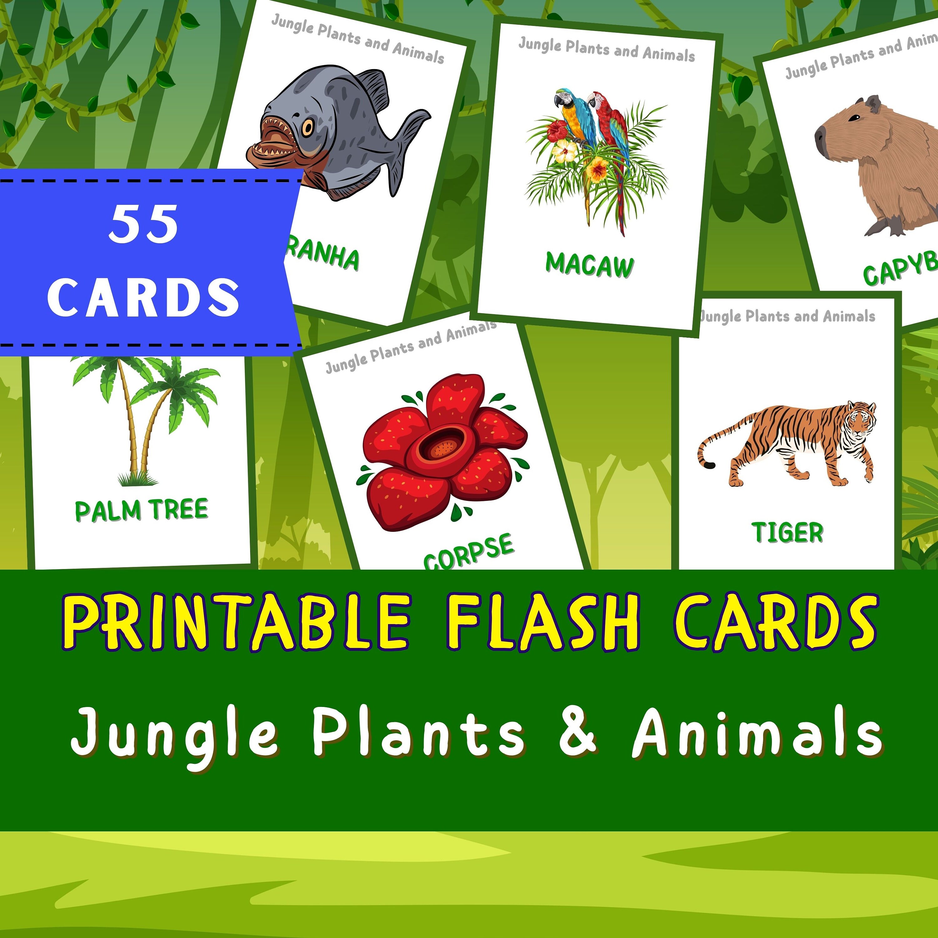 55 Jungle Plants & Animals Cards, Montessori Flash Cards, Pre-school ...