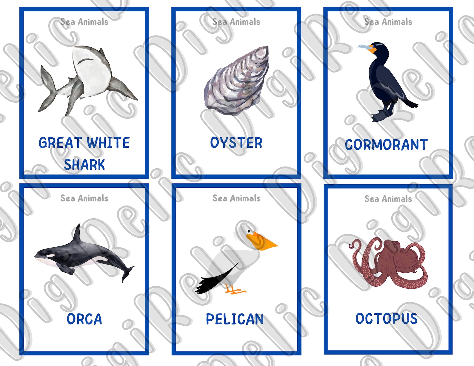 50 Sea Animals Cards, Montessori Flash Cards, Pre-school Cards ...