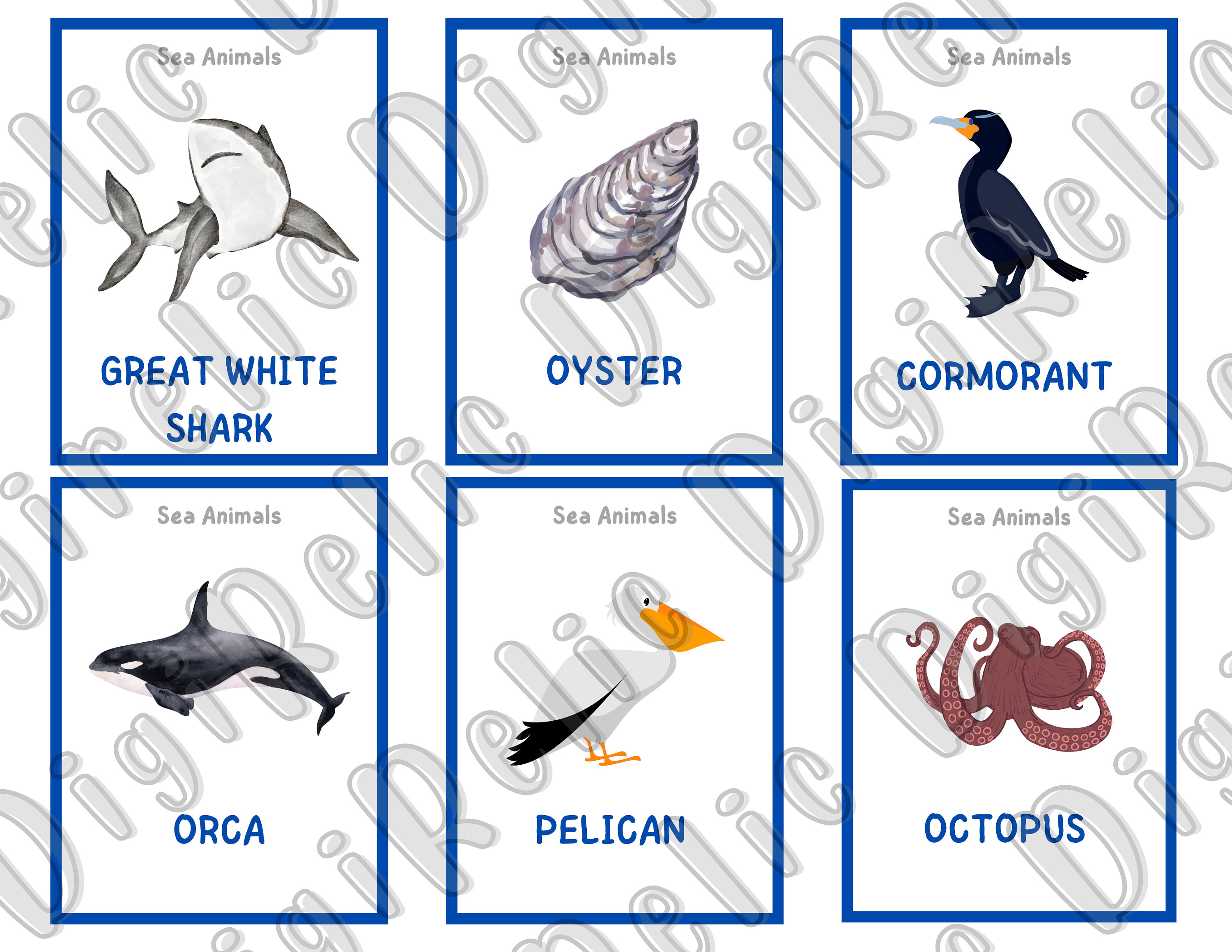 50 Sea Animals Cards, Montessori Flash Cards, Pre-school Cards ...