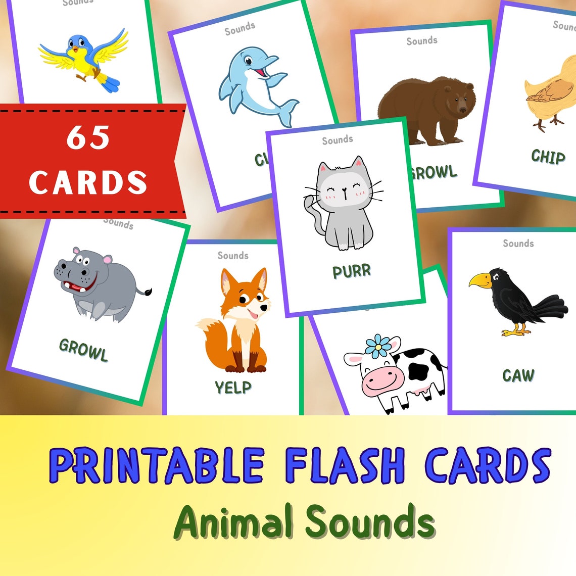 65 Animal Sound Flash Cards, Montessori Flash Cards, Pre-school Cards ...