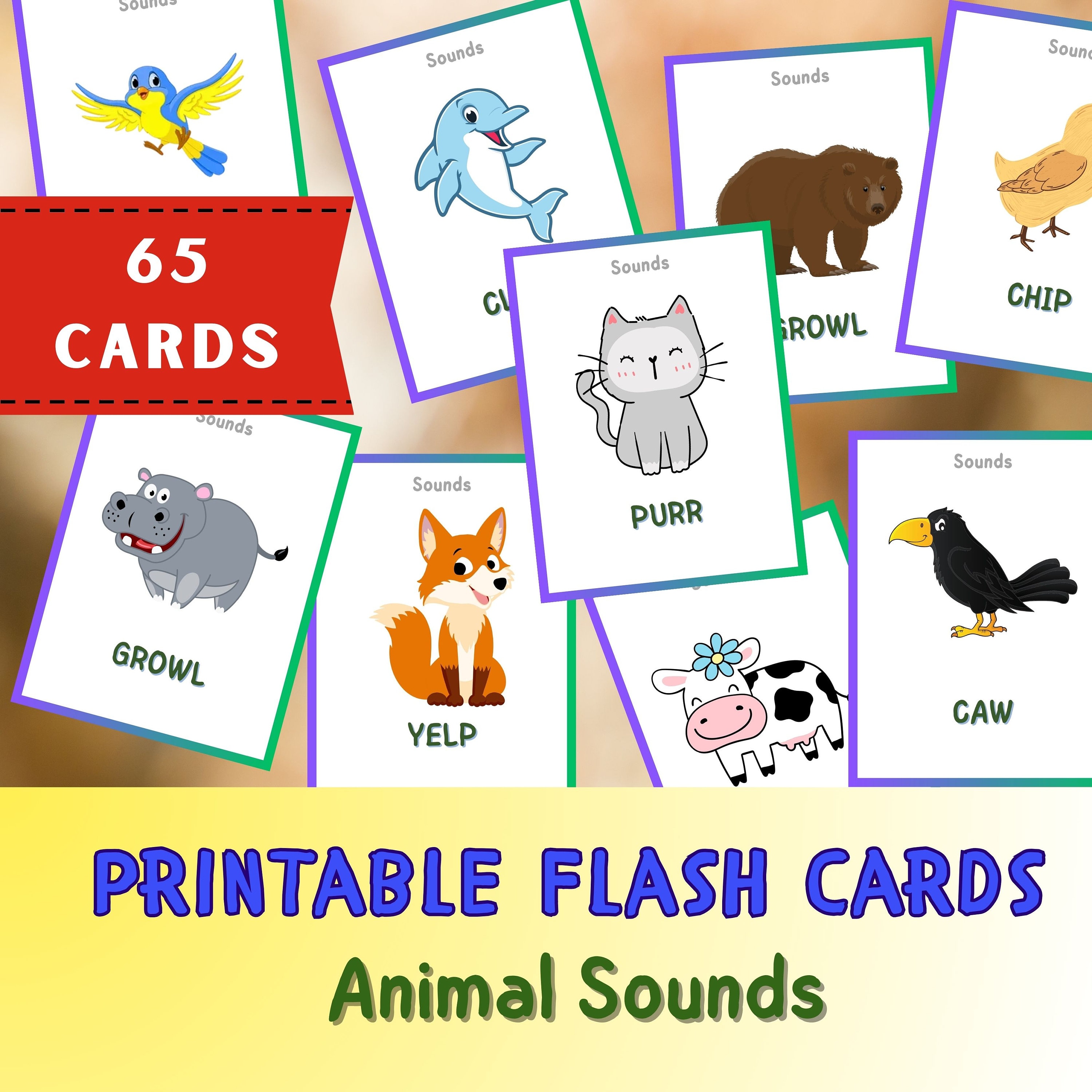 65 Animal Sound Flash Cards, Montessori Flash Cards, Pre-school Cards ...