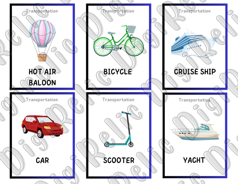 25 Transportation Flash Cards, Montessori Flash Cards, Antonyms, School ...
