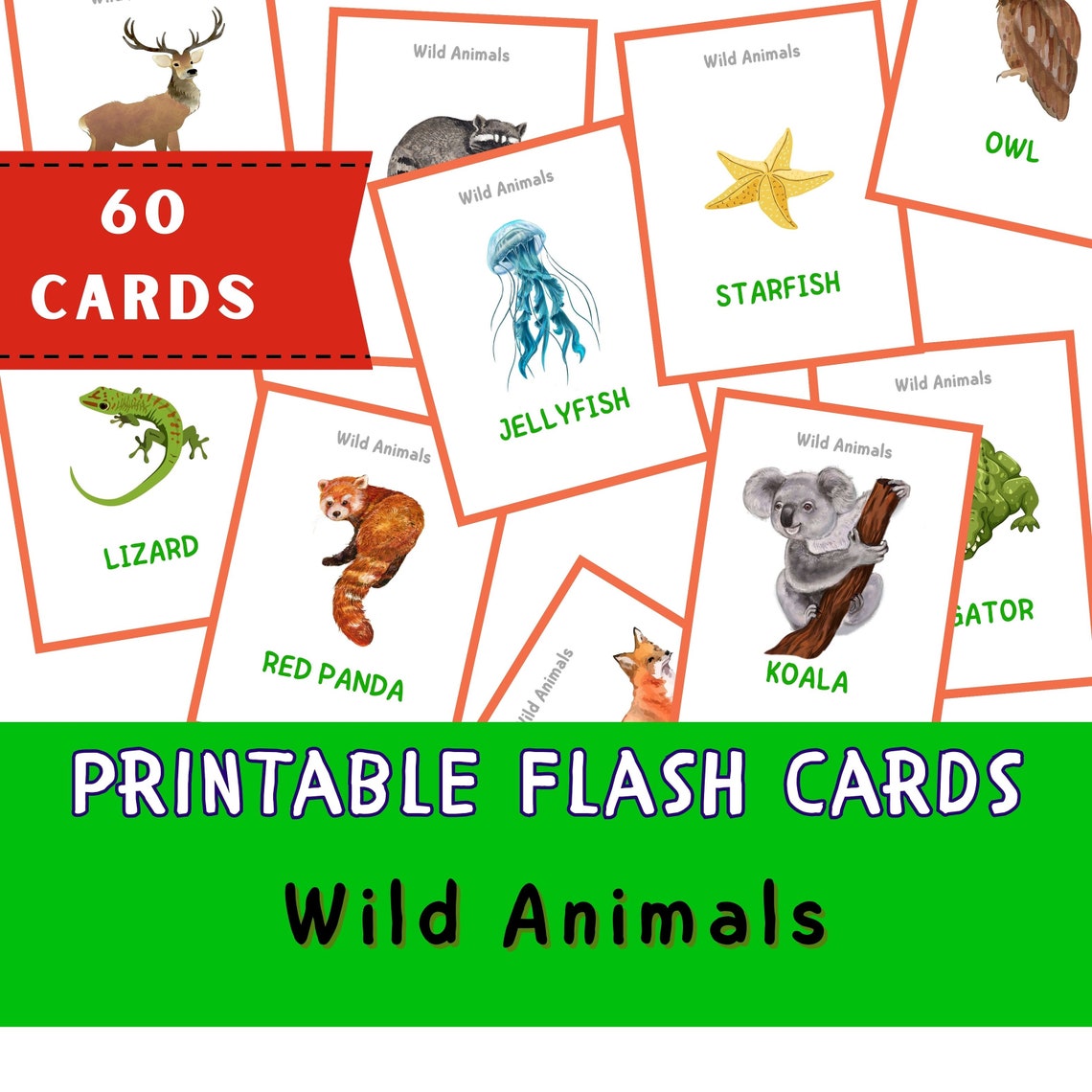 60 Wild Animals Flash Cards, Montessori Flash Cards, Antonyms, School ...