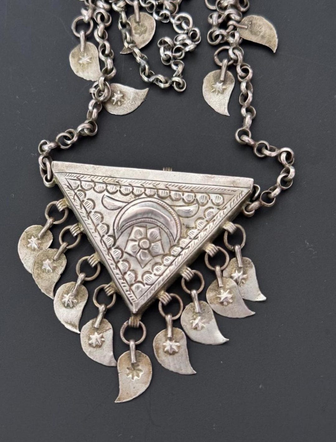 Ottoman Antique Silver Amulet, Triangle Amulet Necklace, Silver Hamayli ...