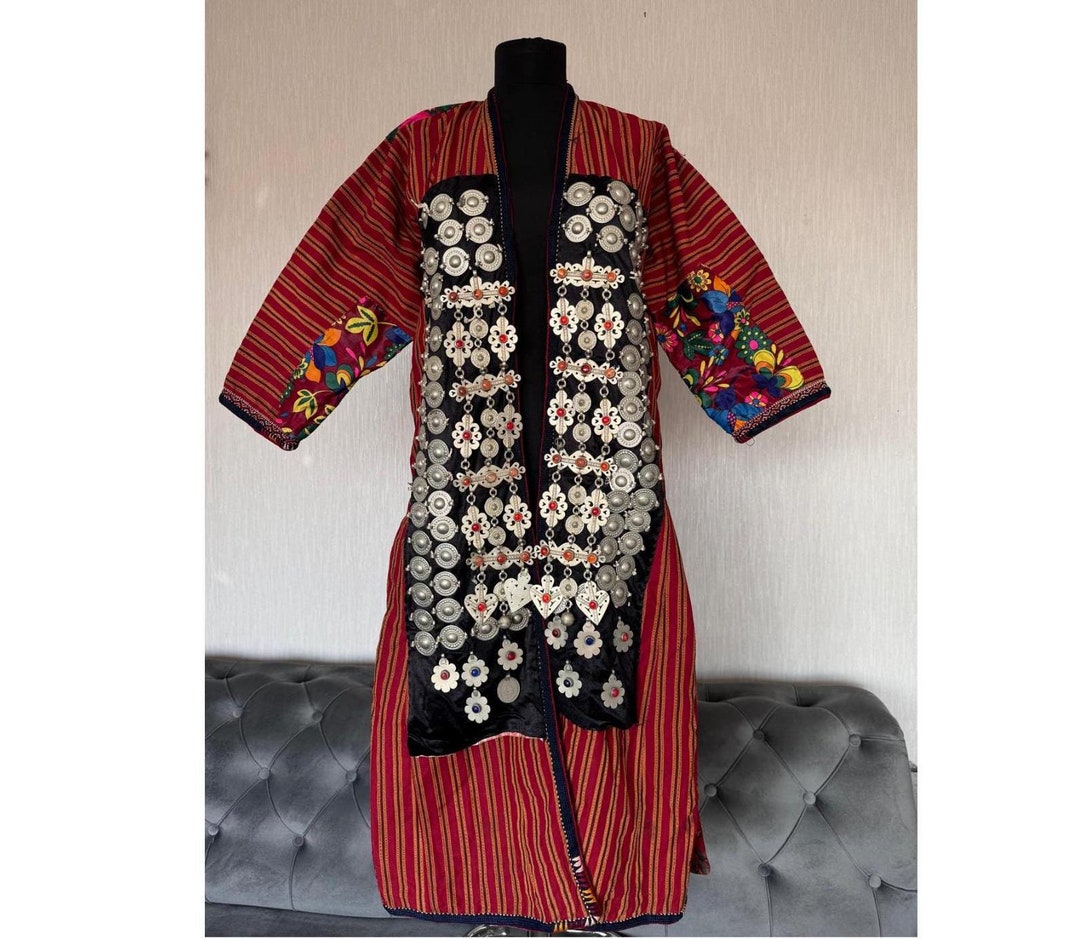 Turkmen Traditional Chapan and Coat Costume, Silk Fabric Chain Stitch ...