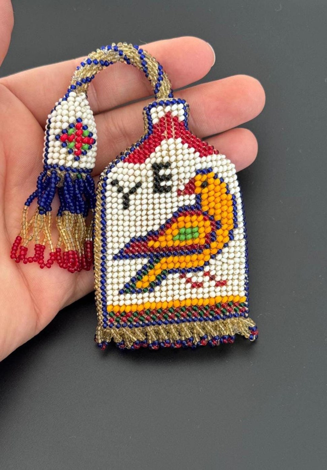 Antique Prison Work Beaded Keychain, Antique Bird Motif Bead, Beaded ...