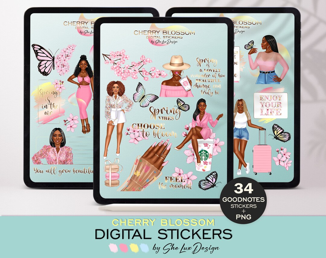 Cherry Blossom Digital Stickers, Goodnotes Stickers, Black Girl Digital ...