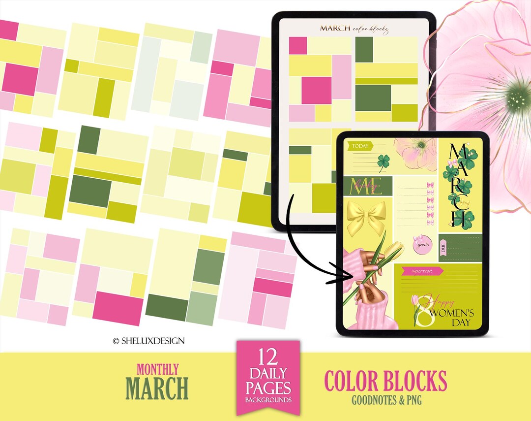 March 2025 Color Block Digital Planning Templates, Color Blocks Inserts ...
