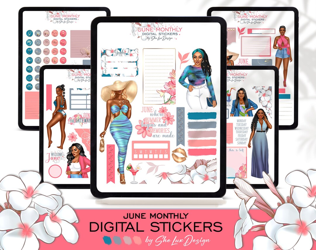 June DIGITAL Stickers, Black Girl Summer Goodnotes Stickers, Functional ...