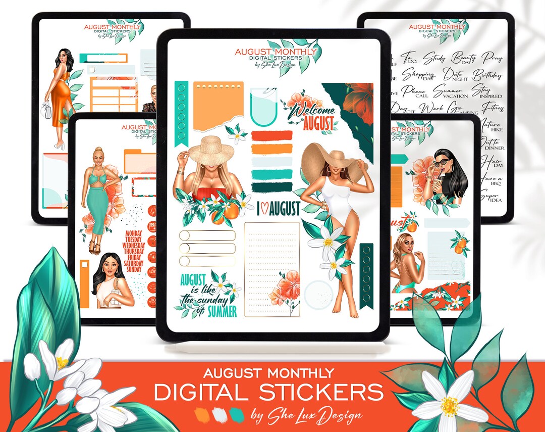 August DIGITAL Stickers, Vibrant Summer Goodnotes Digital Planning ...