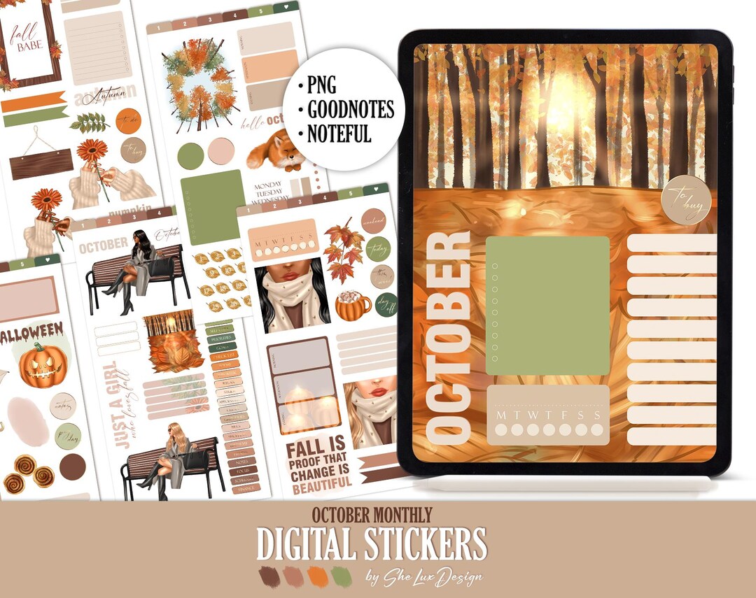 October Digital Stickers 2025, Goodnotes Noteful PNG Planner Stickers ...