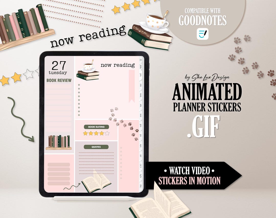 Animated Reading Planner Stickers, GIF Books for Goodnotes, Animated ...