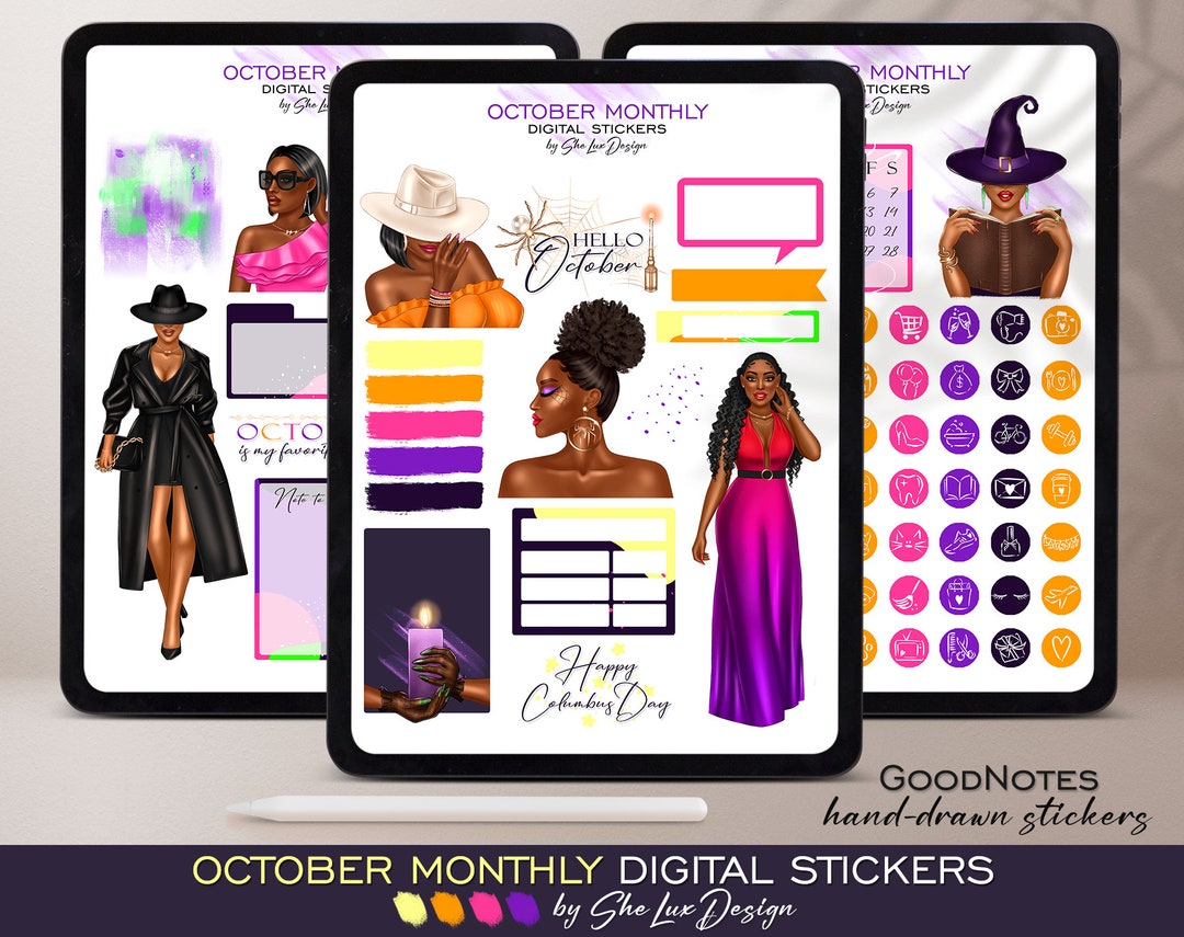 October Digital Stickers for Goodnotes, Black Girl Digital Planner ...