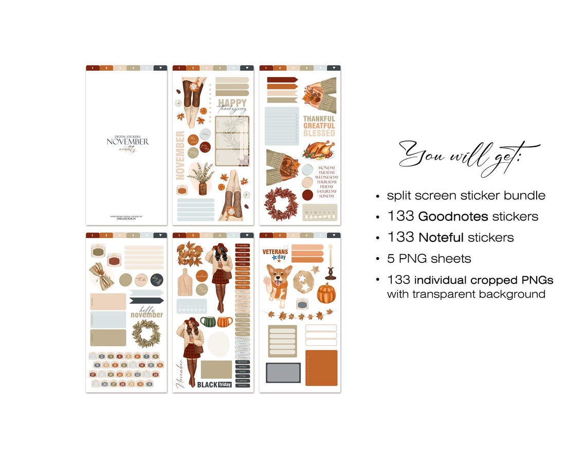 November Digital Stickers 2025, Goodnotes Noteful PNG Planner Stickers ...