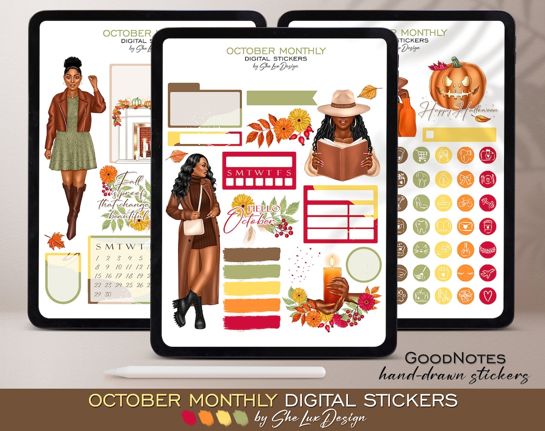 October Digital Stickers, Black Girl Digital Planner, Goodnotes Fall ...
