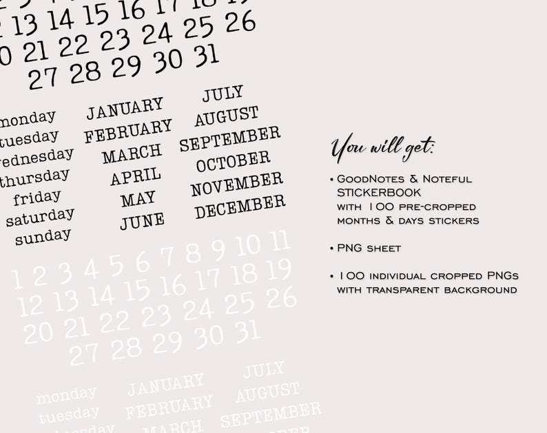 Typewriter Digital Dates and Number Stickers, Calendar Numbers ...