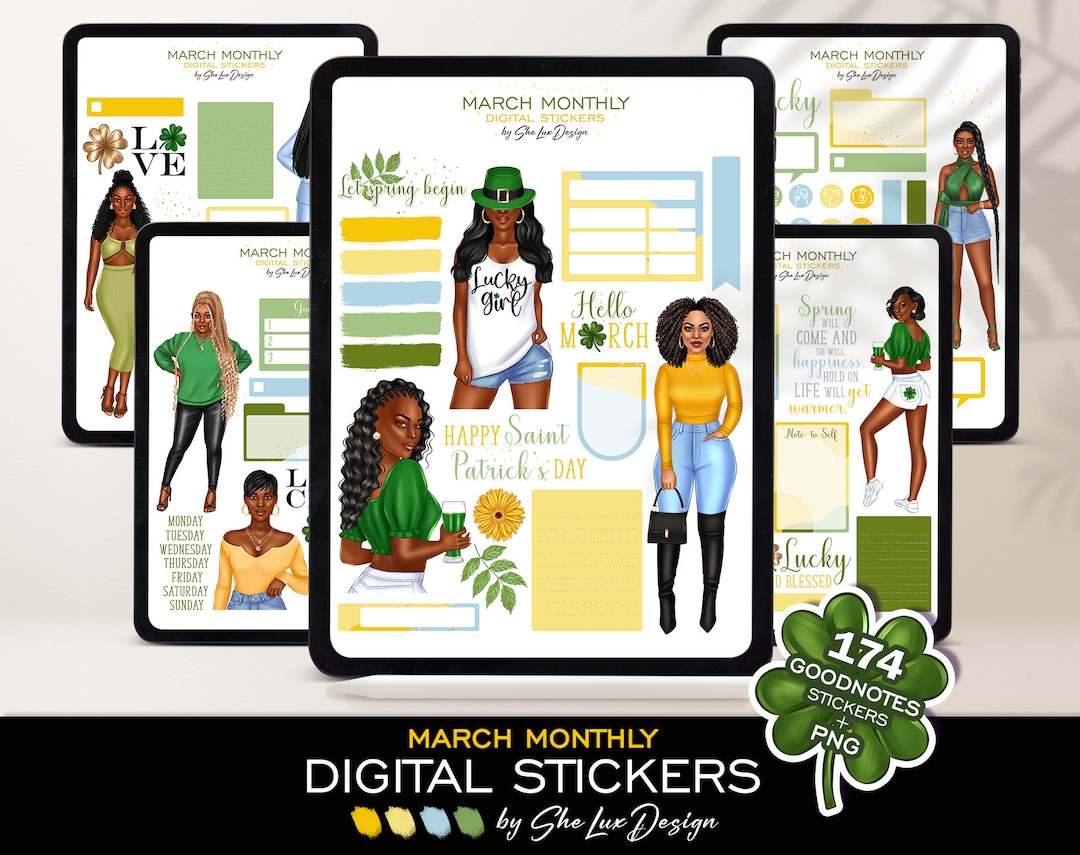 March and Spring DIGITAL Stickers, Goodnotes Stickers, Black Girl ...