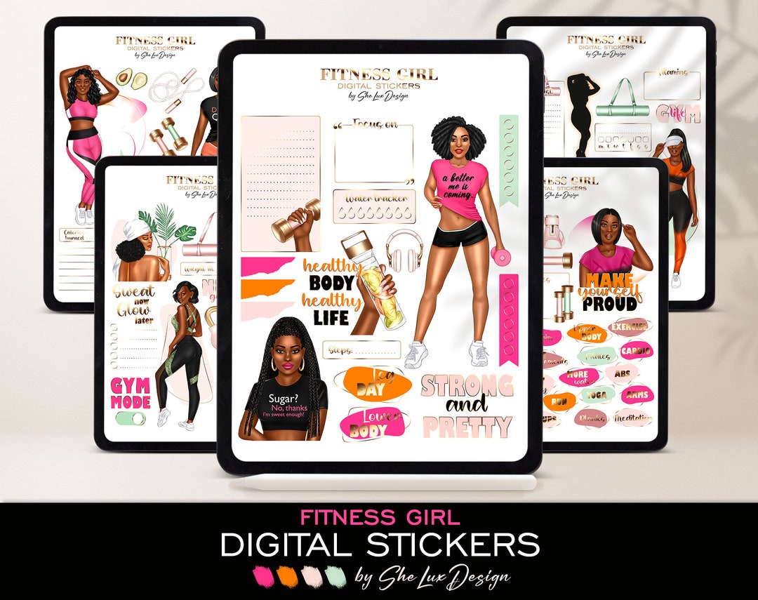 Fitness Planner Digital Stickers, Black Girl Workout Planner Stickers ...