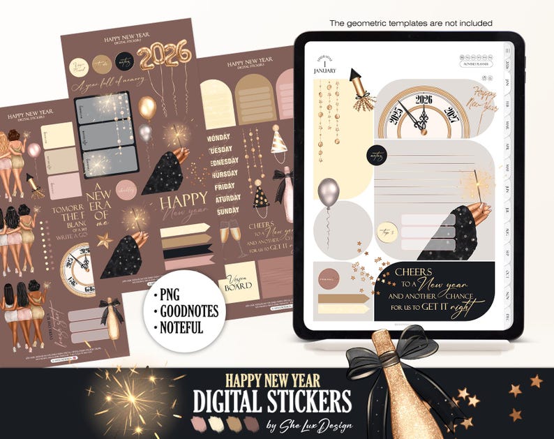 New Years Digital Stickers 2026 for Goodnotes & Noteful Planner, New ...