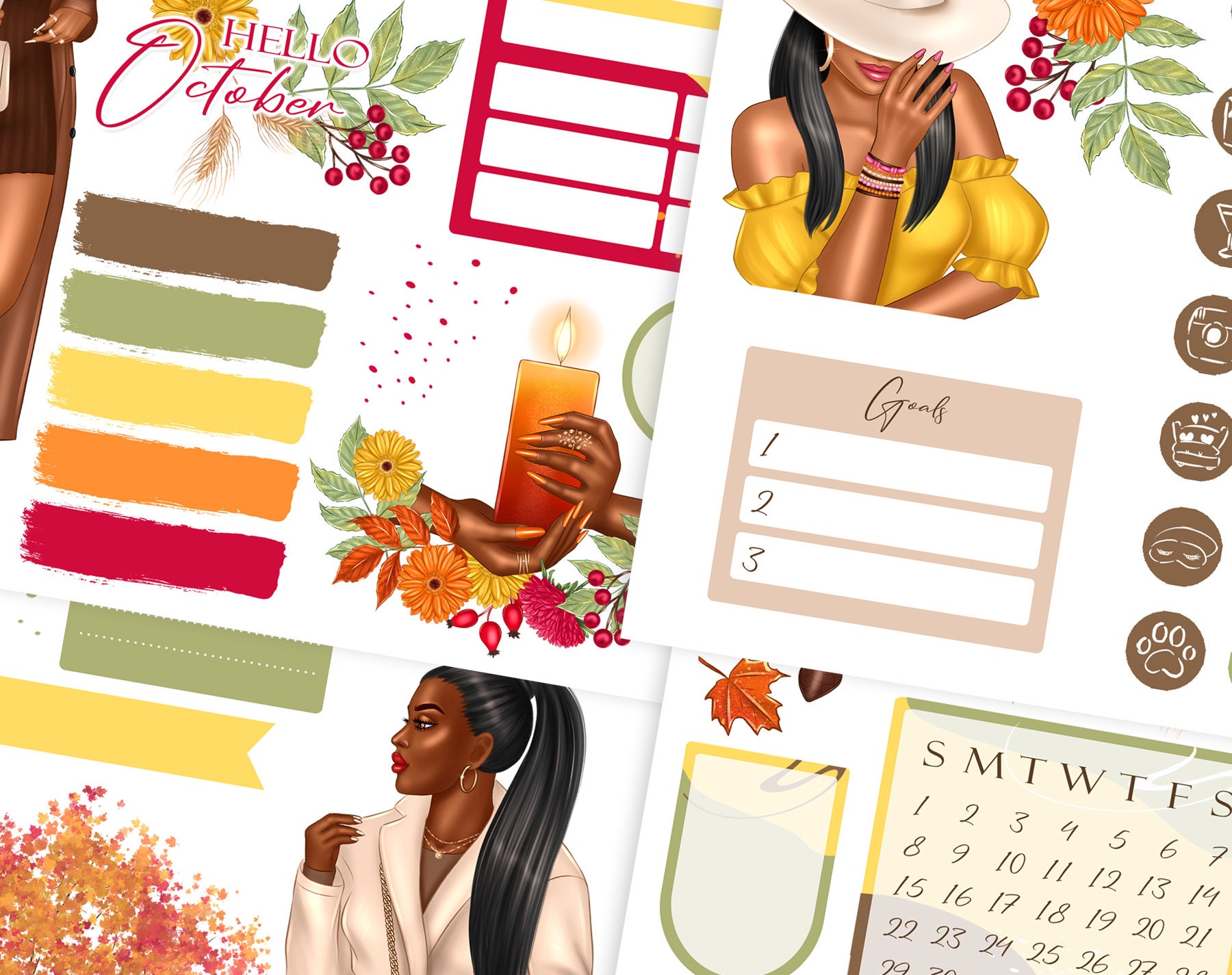 October Digital Stickers Black Girl Digital Planner - Etsy
