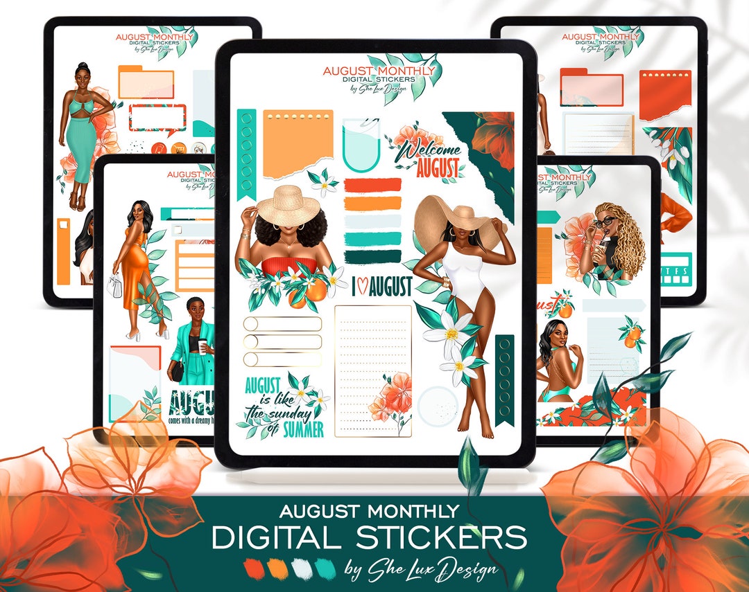 August DIGITAL Stickers for Goodnotes Digital Planner, Black Woman ...