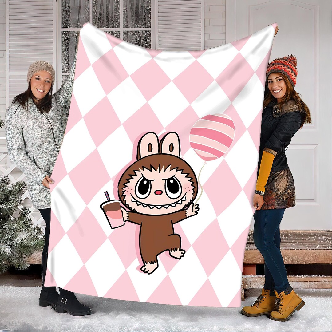 Labubu the Monster Bedspread Throw, Soft Pink Labubu Blanket, Happy ...