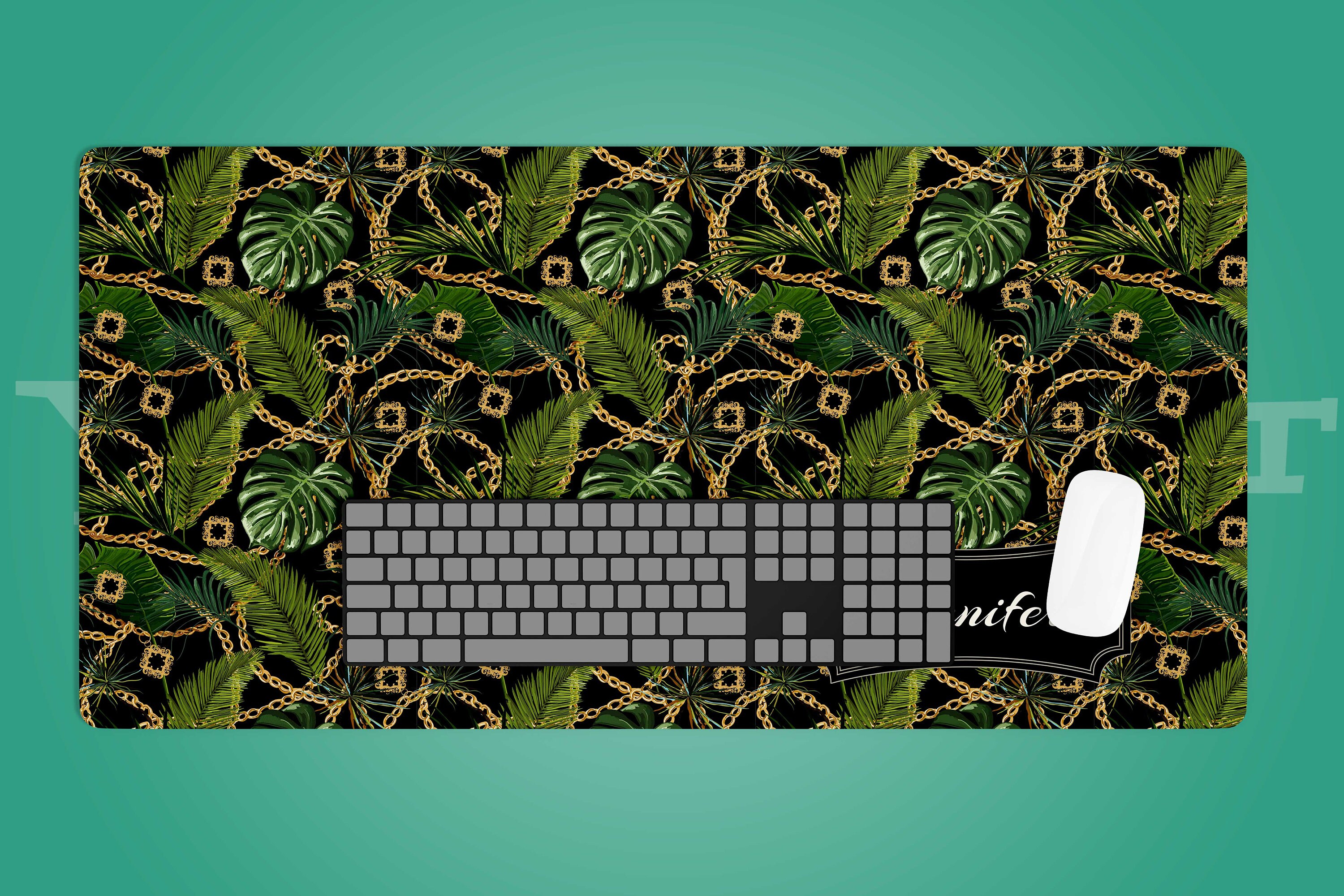 Orante Tropic Leaves Name Desk Pad, Palm Leaves Golde Chain Monogram ...