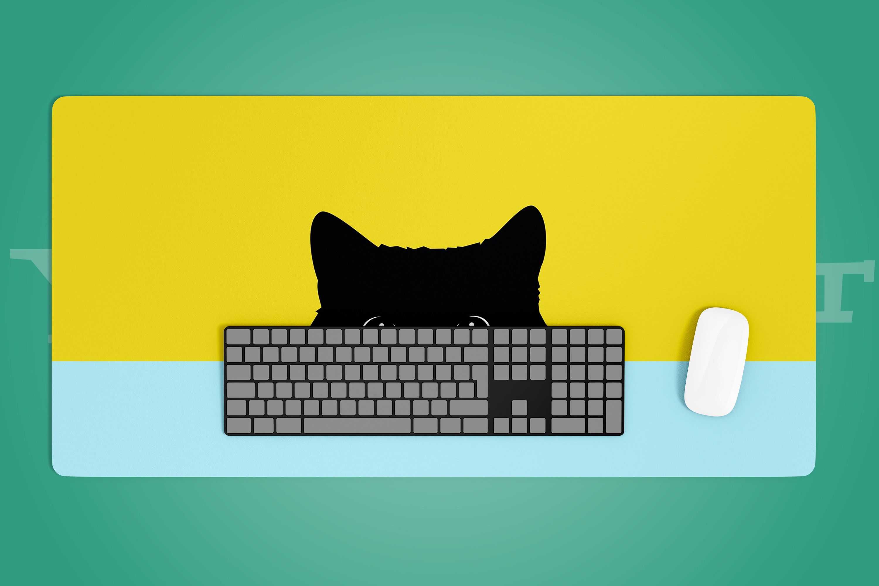 Black Peeking Cat Mat, Bright Gold & Coral Blue Cat Desk Mat, Kitty ...